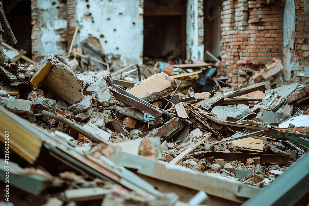 Narrow valley with building collapse after earthquake and tornado ...