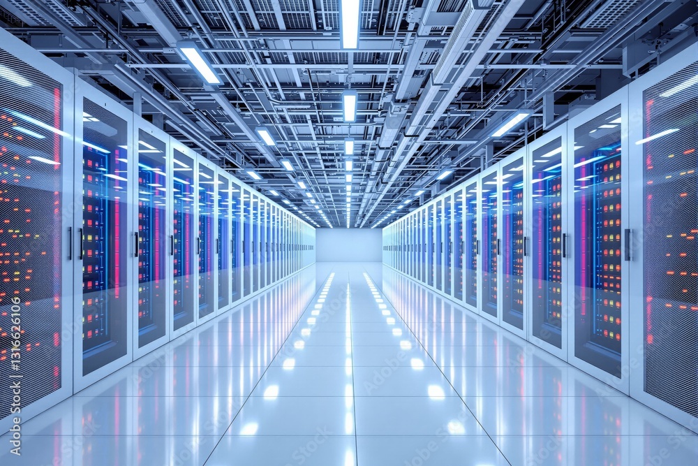 High-tech data center corridor with illuminated server racks, advanced cooling systems, and ...