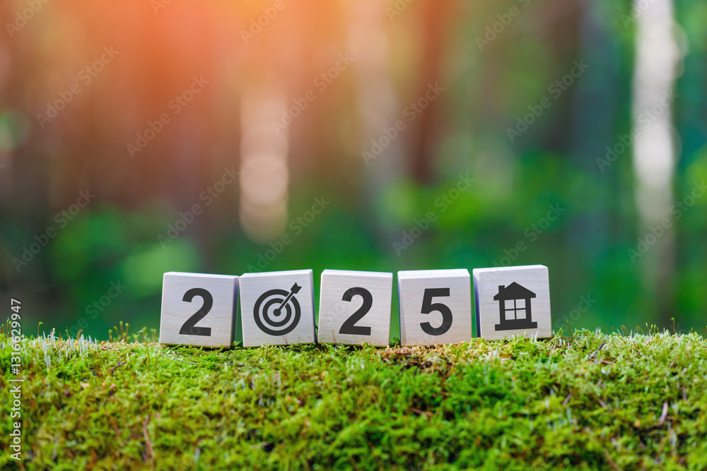 Goal house 2025 concept. Wooden cubes with inscriptions on mossy wood ...