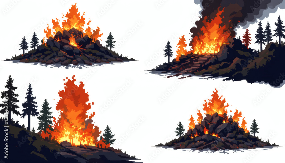 8-bit isolated pixel image of a blazing wildfire, pixel art wildfire ...