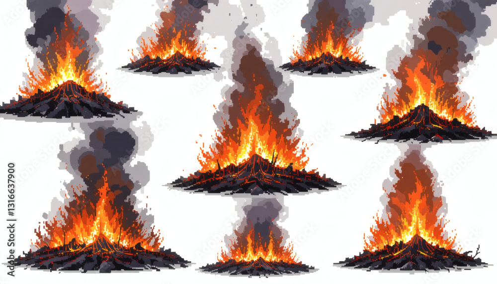 Photo Stock 8-bit isolated pixel image of a blazing wildfire, pixel art ...