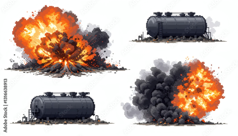 Pixelated 8-bit Gas Tank Explosion with Black Smoke, Shown from ...