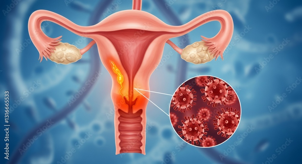 Diagram of the female reproductive system with an inset showing viral ...