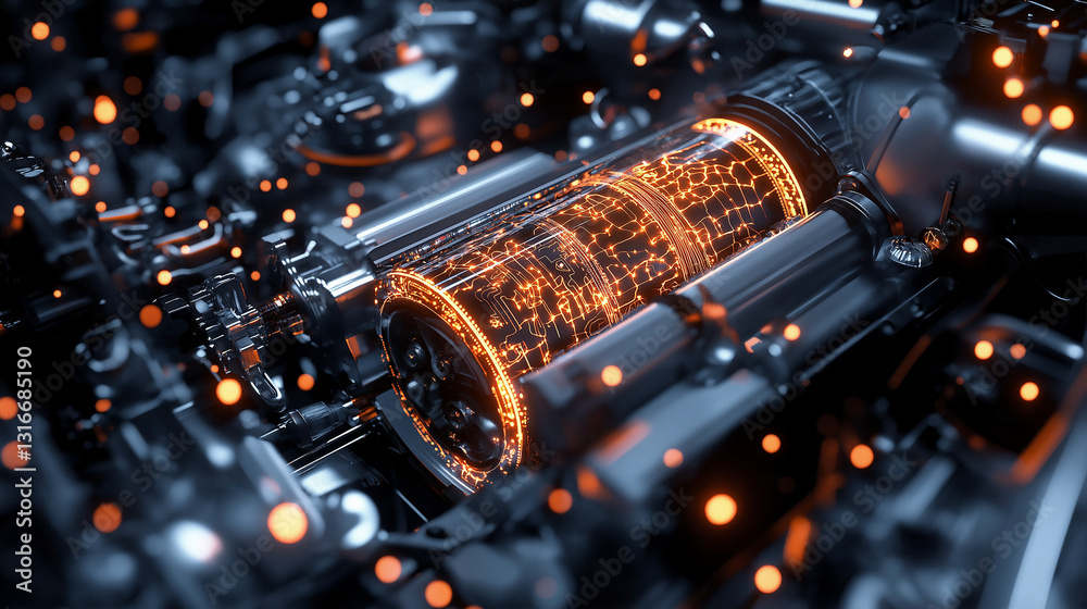 A highly detailed cross-section of an engine, with glowing heat maps ...