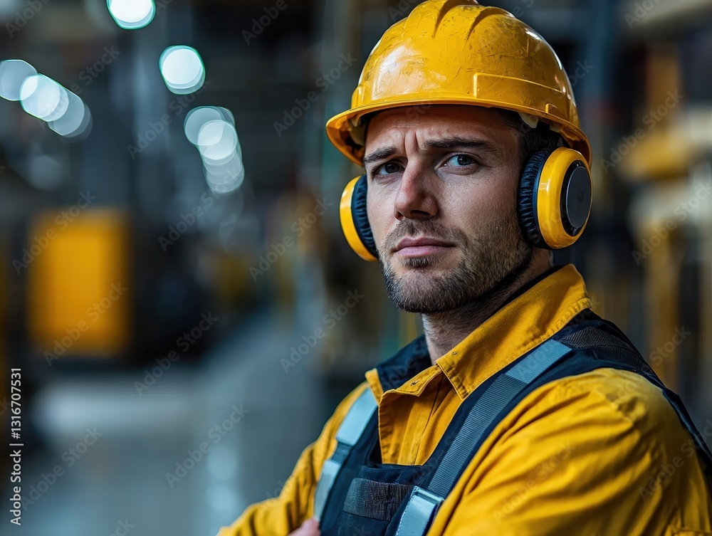 Industrial worker adjusting earplugs in a loud manufacturing ...
