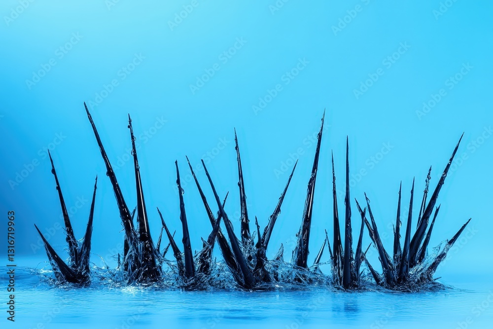 Black sharp objects emerge from the water with a blue background Stock ...
