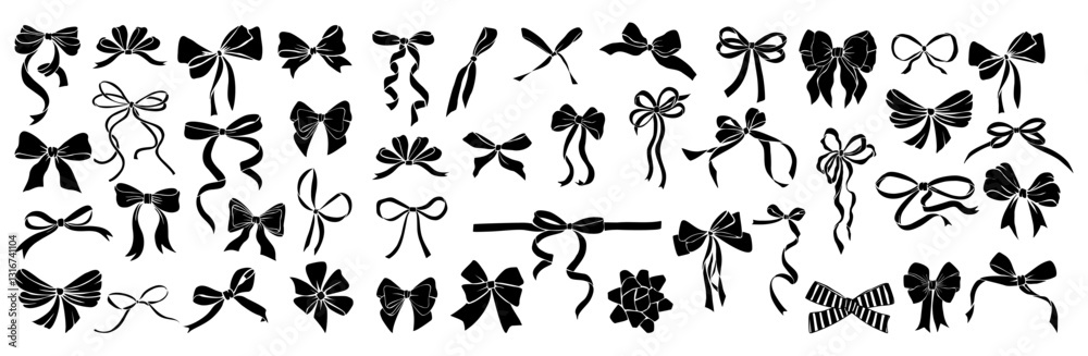 Black Monochrome decorative ribbon bows bundle. Holiday sign collection ...