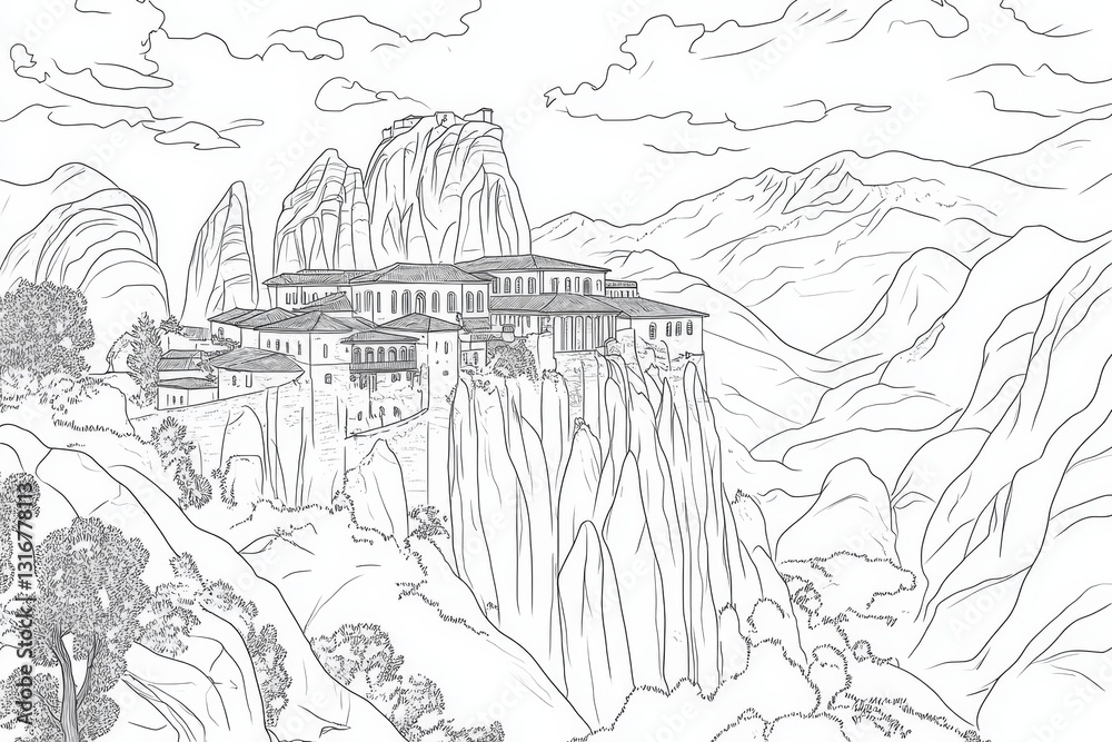 Meteora Monastery Greece Line Art Coloring Page - Single line drawing ...