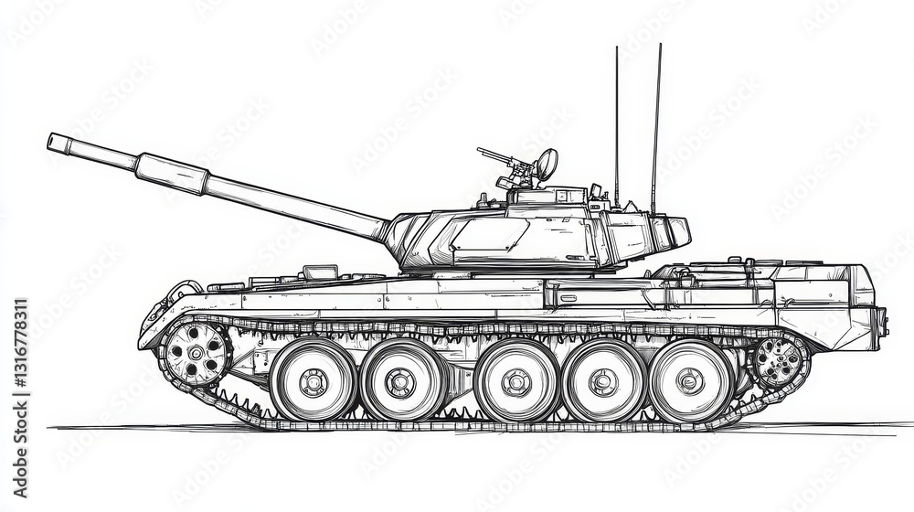 Military Tank Line Drawing - Detailed line drawing of a military tank ...