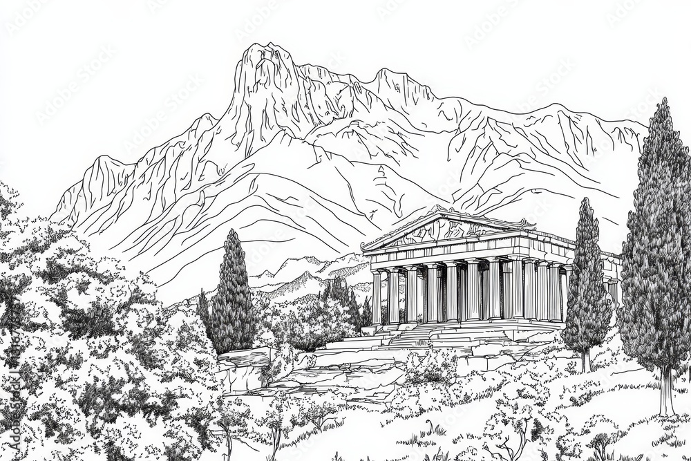 Mount Olympus Greece Temple Line Art Coloring Page - Single line ...
