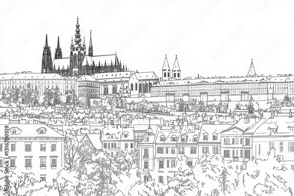 Prague Cityscape Line Drawing Coloring Page - Single line drawing of ...