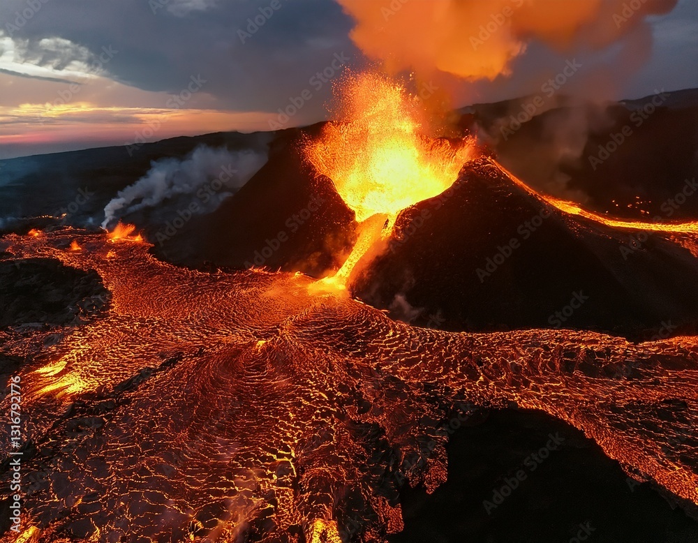 Fotografía profesional, Volcan en erupcion vista aerea desde dron ...