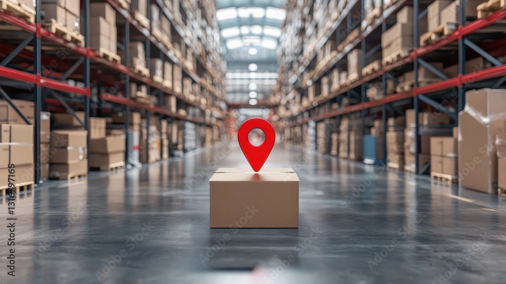 International and global supply chain management. A delivery box with a location pin in a ...