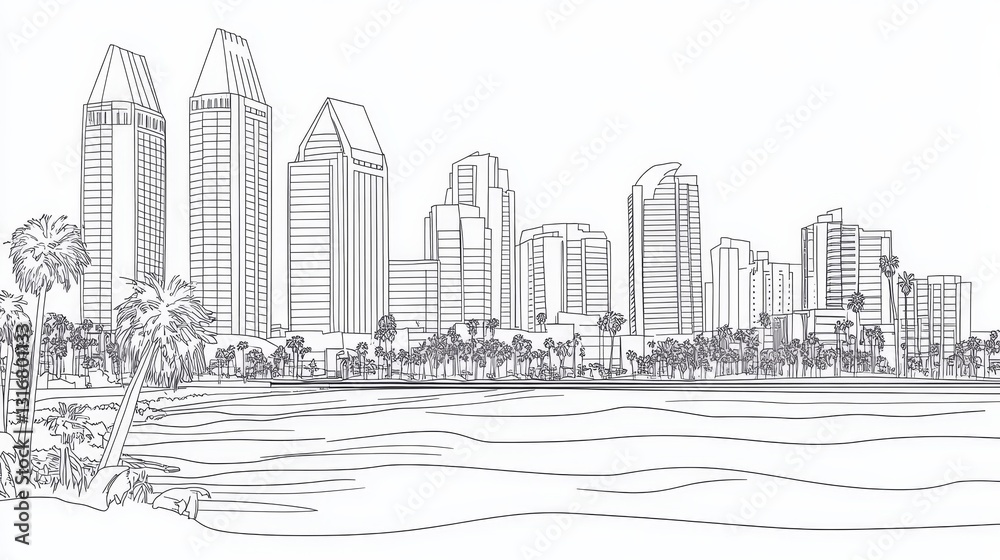San Diego Skyline Line Art Coloring Page - Single line drawing of San ...