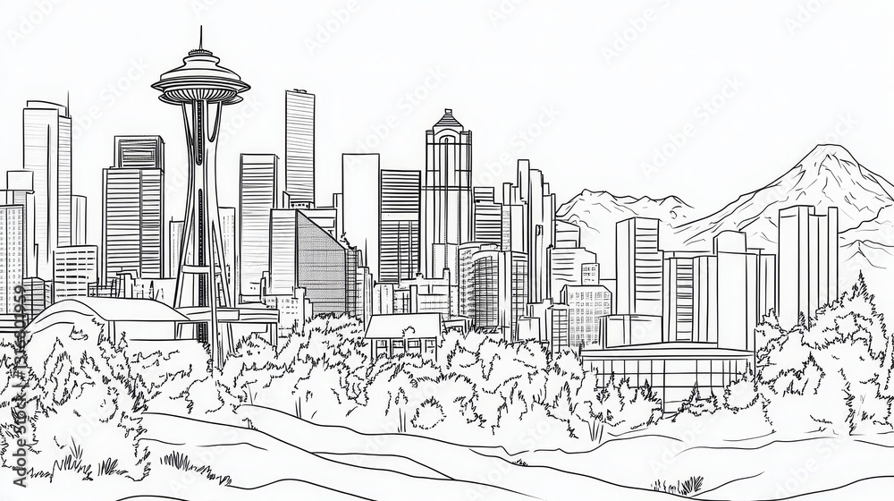 Seattle Skyline Drawing - A line drawing of the Seattle skyline ...