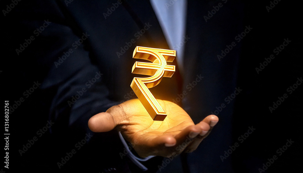 Black African businessman hand in suit with 3D golden Indian rupee sign ...