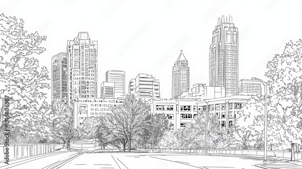 Raleigh Skyline Sketch - Single-line drawing of Raleigh's cityscape ...