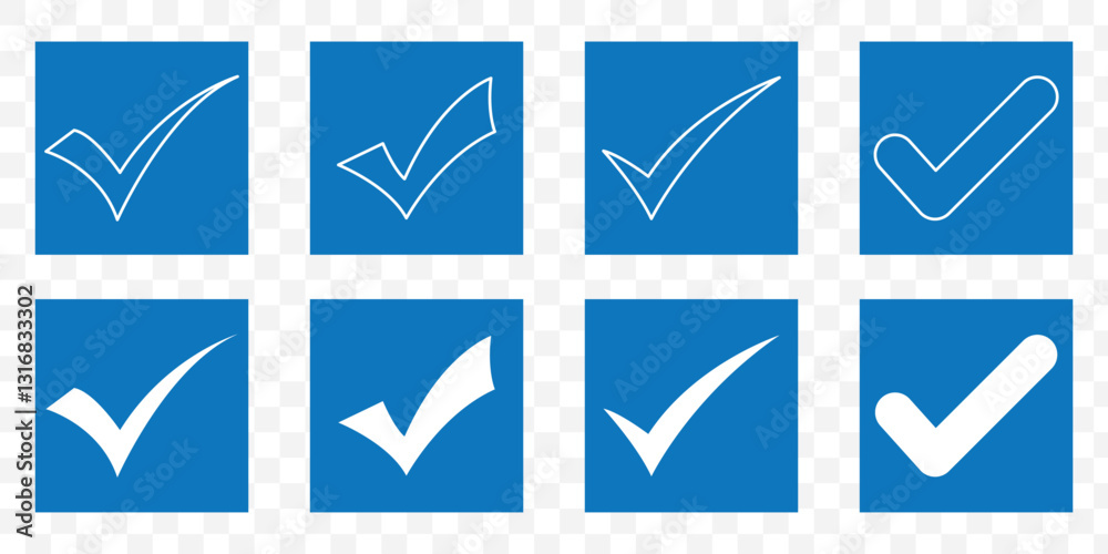 Check mark icon vector set. Check box icon with right or yes checkmark icons. Tick box, checkbox ...