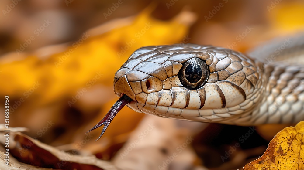 Close-Up Portrait of a Snake's Head with its Tongue Flicking Out, Among ...