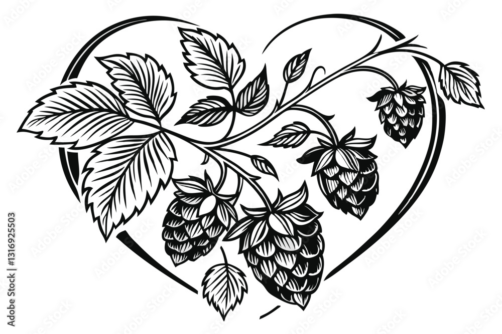 18 Black and white illustration, heart-shaped composition, detailed hop ...
