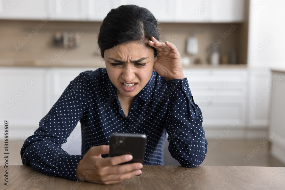 Unexpected problem. Outraged shocked nervous young lady modern mobile ...