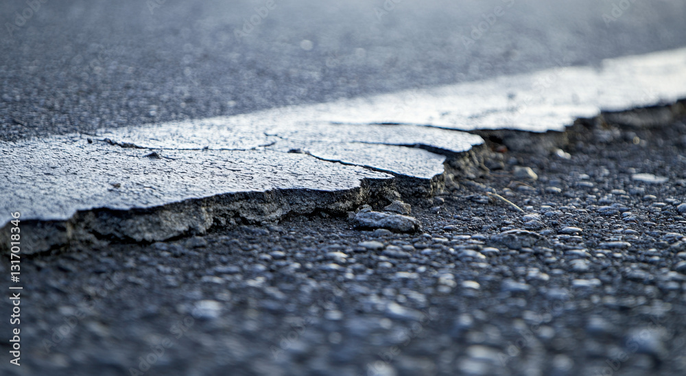 The surface of a cracked asphalt road exhibits a broken white line ...