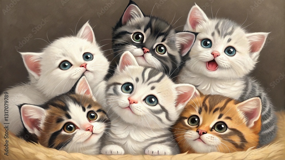 Captivating close-up of seven kittens huddled together, exhibiting a ...