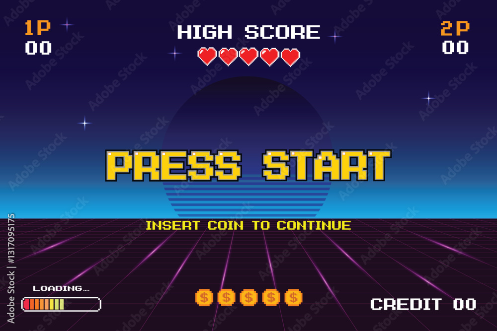 PRESS START. INSERT A COIN TO CONTINUE. pixel art. 8 bit game. Retro ...