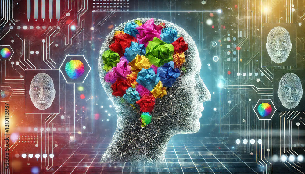Human brain with colorful digital connections, artificial intelligence neural network ...