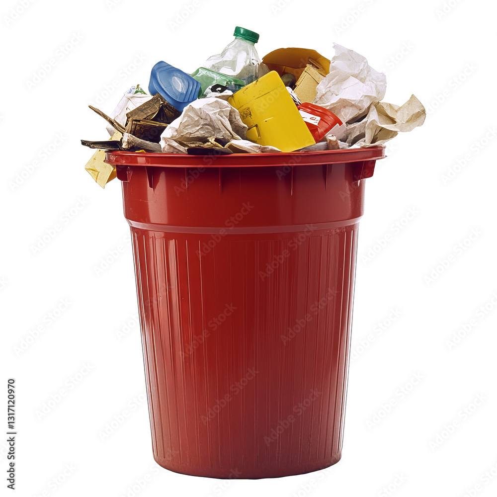 Overflowing Red Trash Bin With Mixed Waste. Illustrates Waste ...