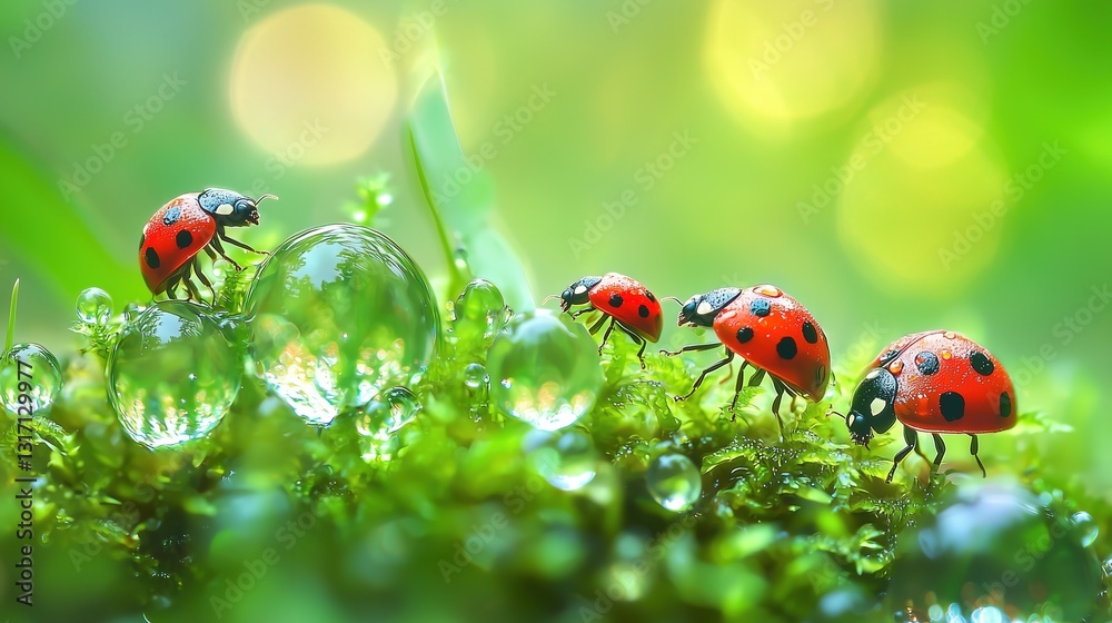 Group of Ladybugs on Vibrant Green Moss with Sparkling Water Droplets ...