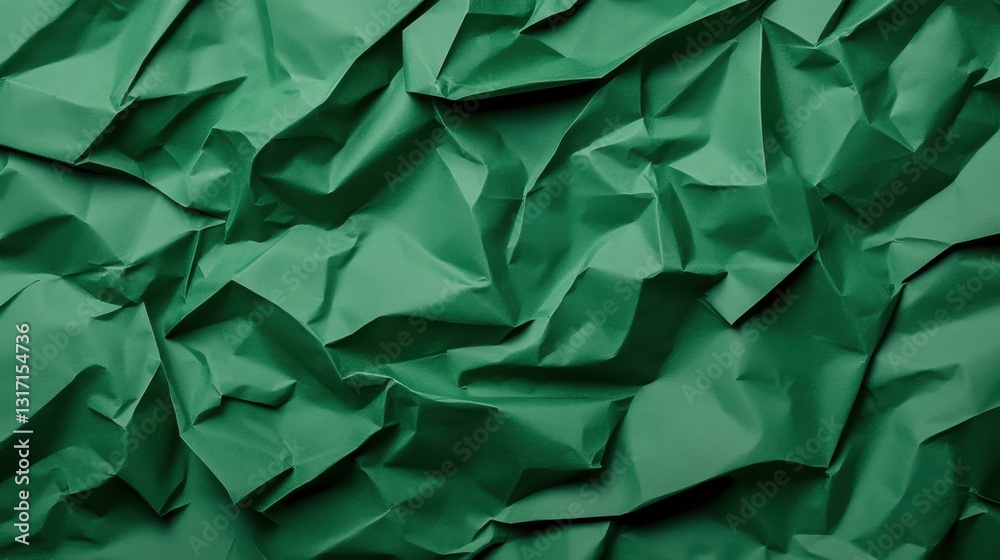 Crumpled emerald green wrapping paper displaying intricate folding ...