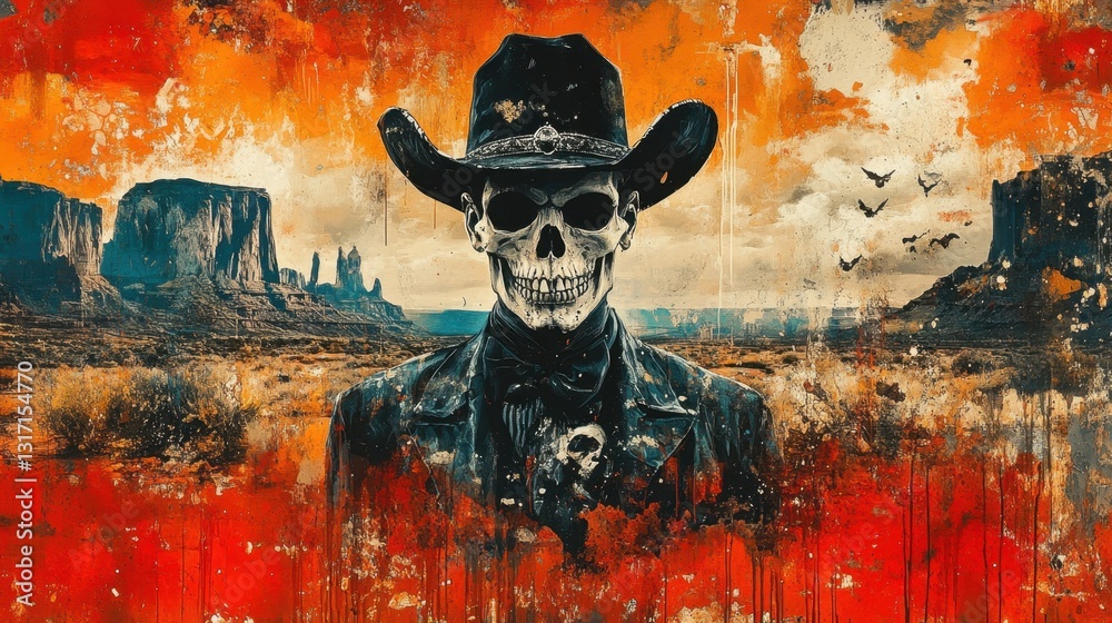 Cowboy skeleton: painting of a skeleton wearing a cowboy hat and ...
