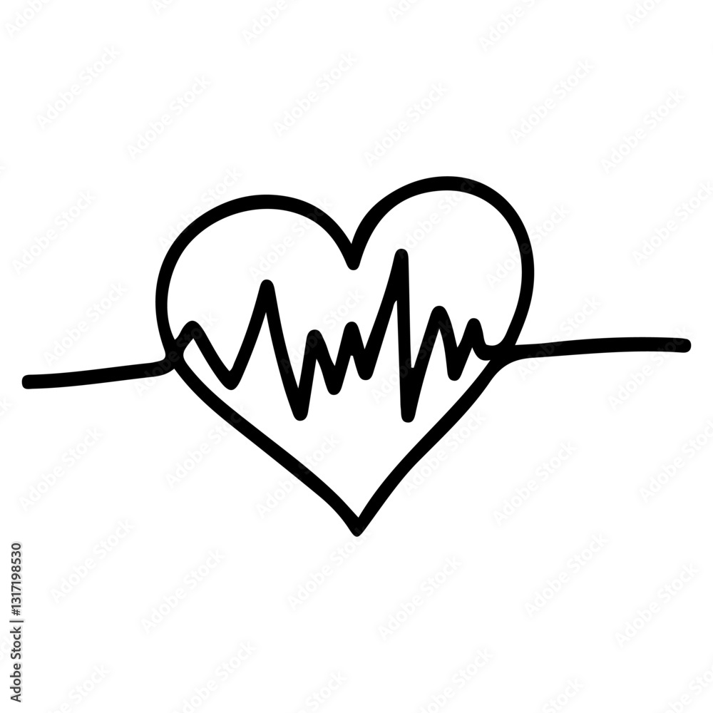 Heart with curved pulse line. Hand drawn doodle. Cardiovascular system ...