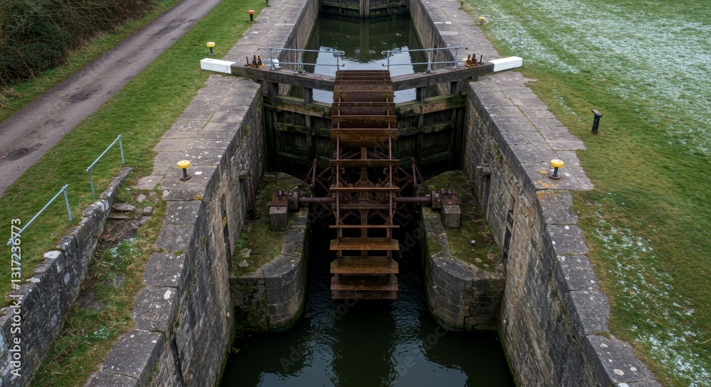 Canal Lock Gate Mechanism - Aerial view of an old canal lock gate ...