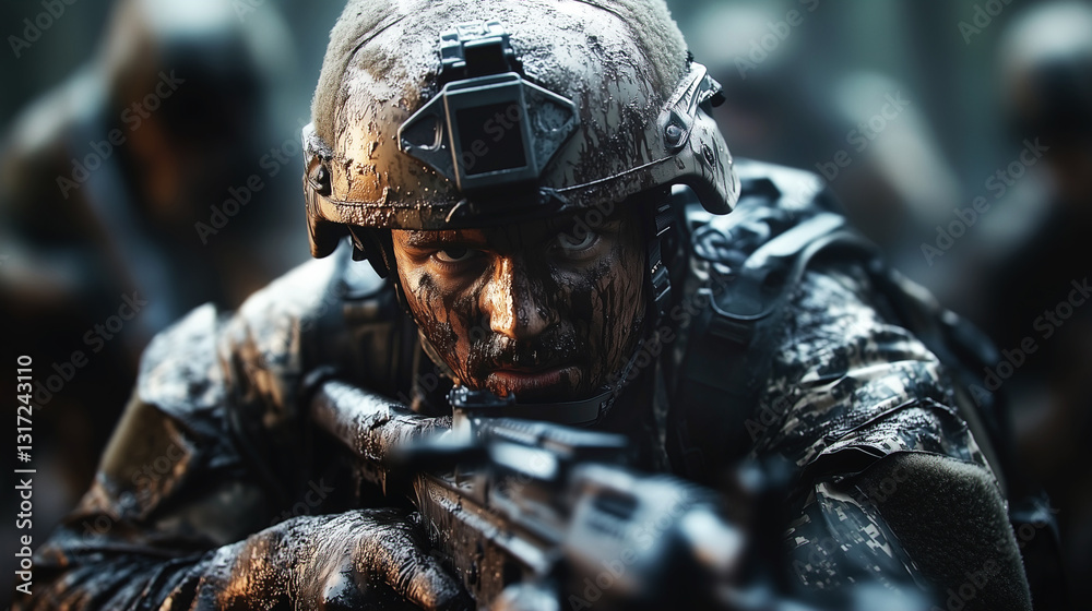 Special forces soldier in full combat gear aiming a rifle. Tactical ...