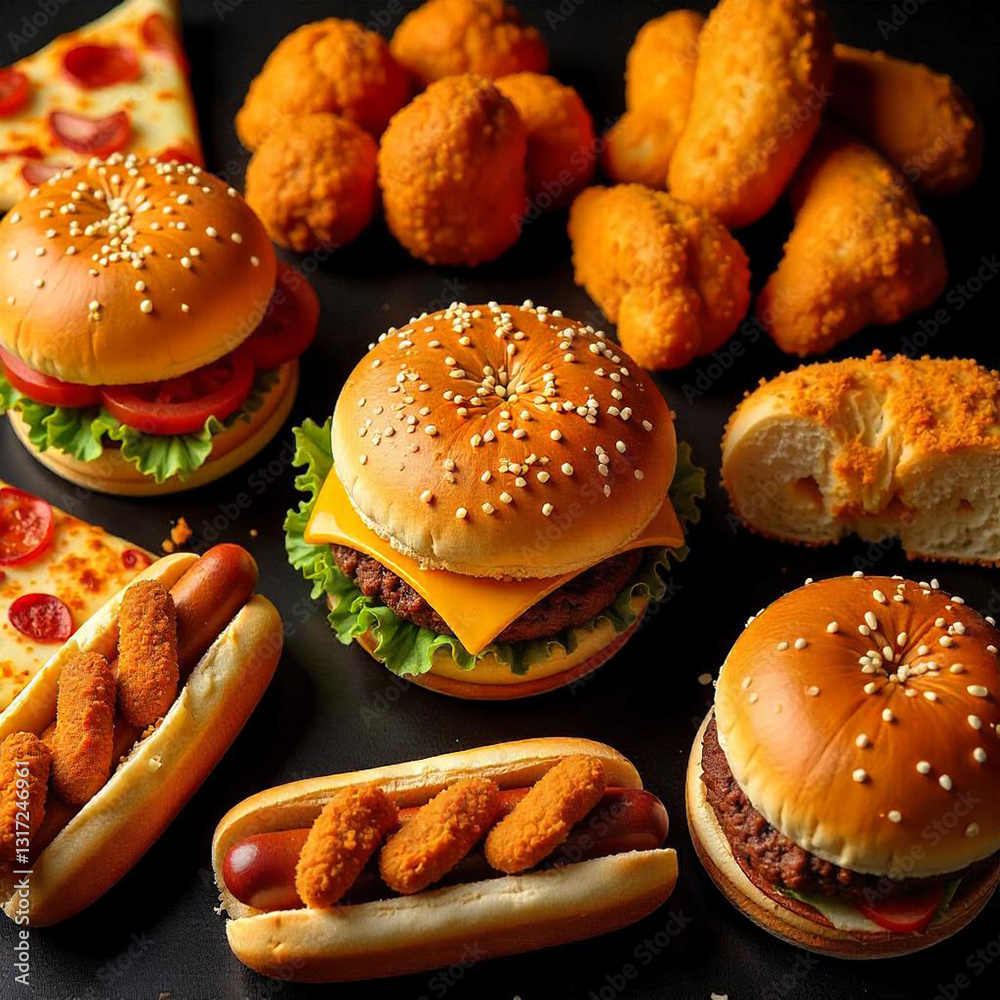 Fast Food Feast Burgers, Hot Dogs, Fries, Nuggets, Pizza, Chips ...