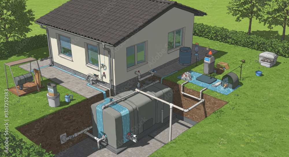 Home Water Harvesting and Reuse System - Efficient home water management, showcasing rainwater ...
