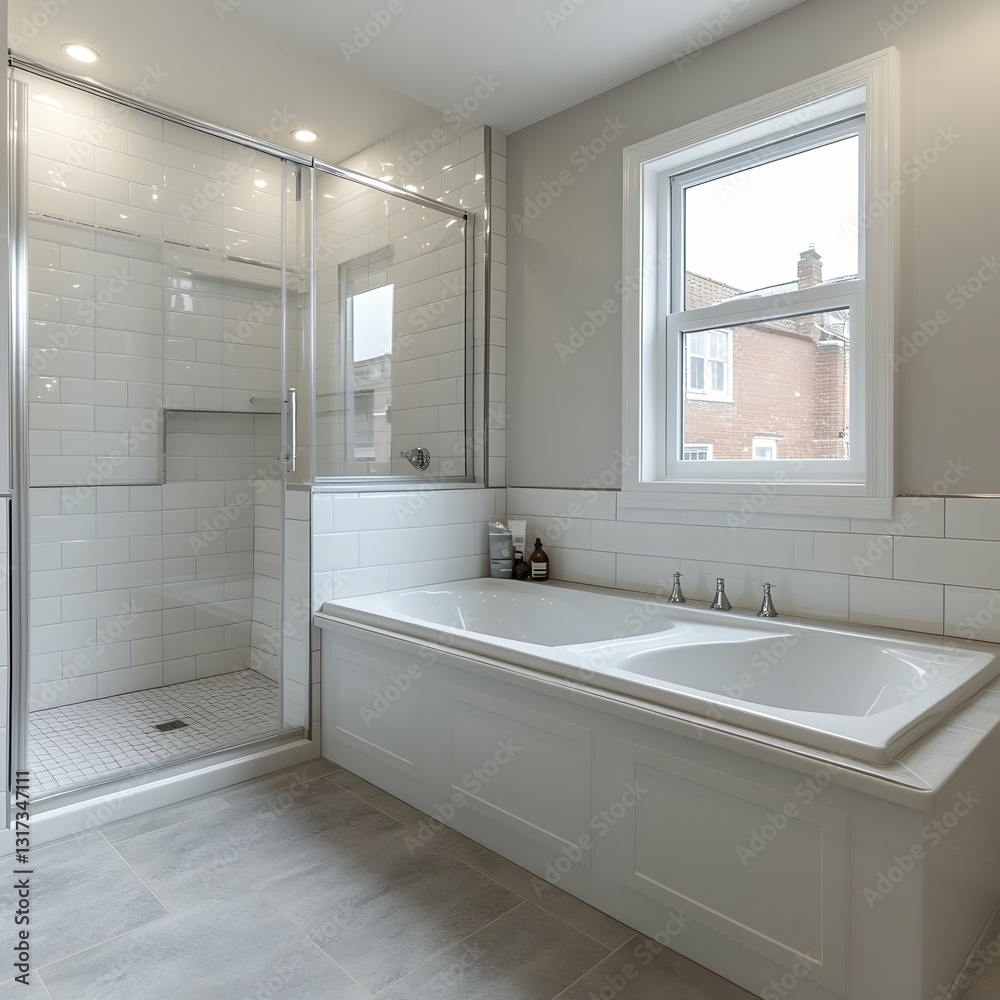 Modern, bright bathroom with a walk-in shower and soaking tub. Clean ...