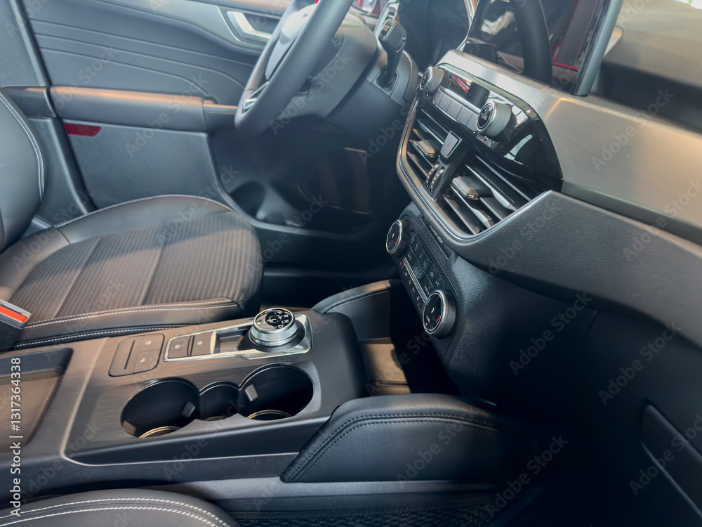 interior close up inside luxury car car driver seats, buttons dashboard ...
