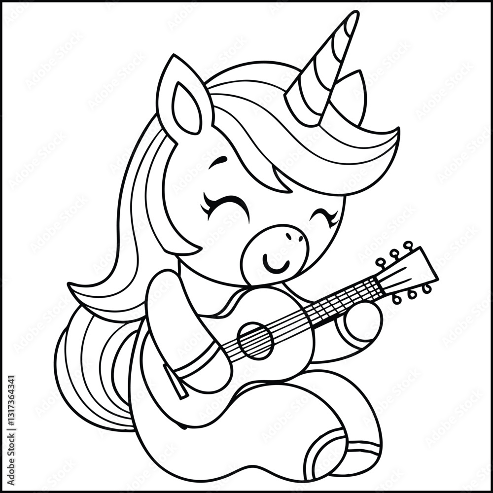 Cute kawaii unicorn is playing guitar coloring page for kids. Animal ...