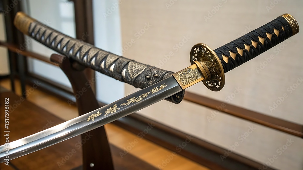 Samurai Sword Display: An elegant katana, its gleaming blade and ...