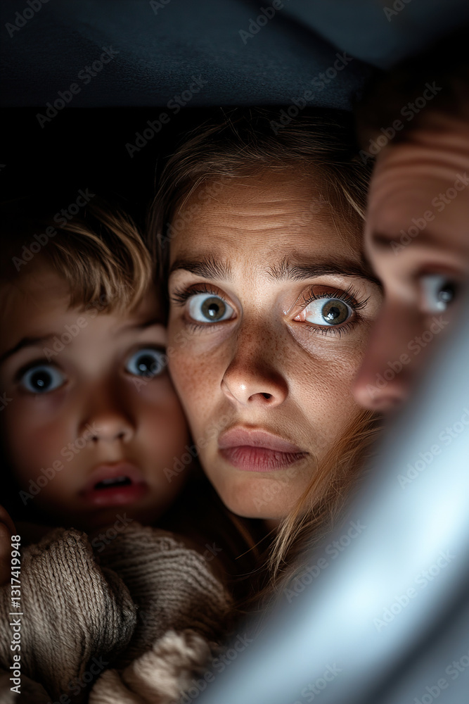 Inside a tornado shelter, a family huddles together. A soft flashlight ...