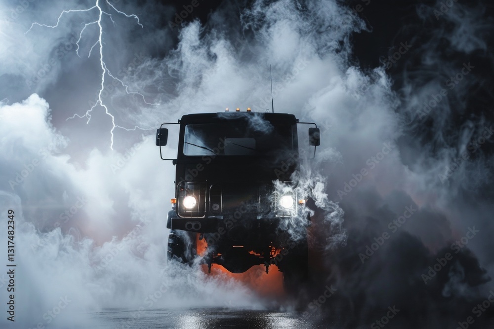 Racing truck drive among smoke, clouds and thunder in bad weather ...