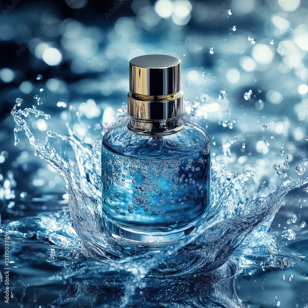 Blue essence perfume Bottled freshness enveloped in a dynamic water ...
