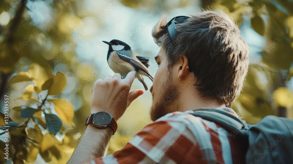 Birdwatching in nature, people outdoor hobby, ornithology bird ...