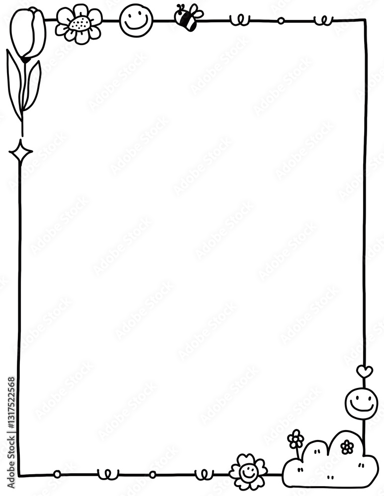 Floral border frame. Doodle flower border. Leaf frame. Hand drawn ...