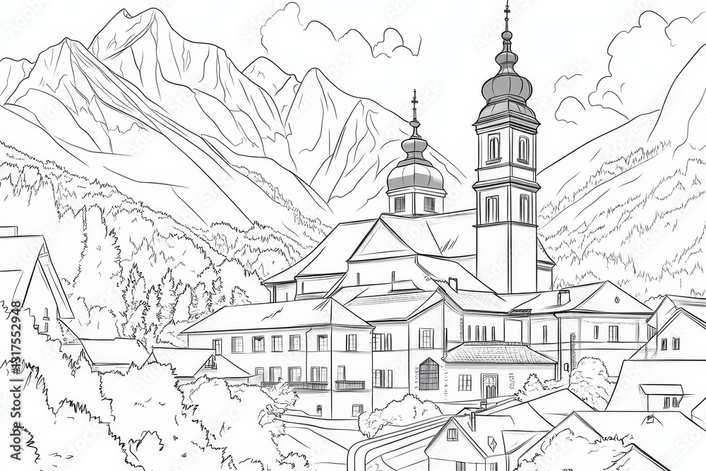 Berchtesgaden Monastery and Alpine Peaks Coloring Page - A detailed ...