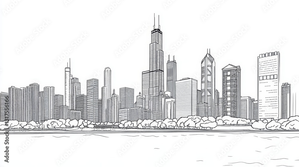 Ilustración de Stock Chicago Skyline Coloring Page - A detailed line ...