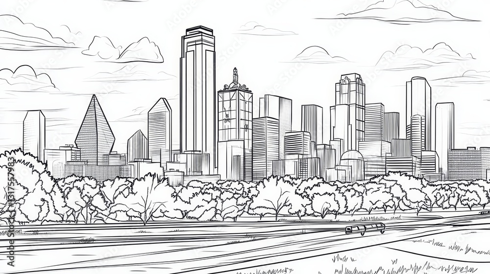 Dallas Skyline Coloring Page - A detailed line art coloring page ...